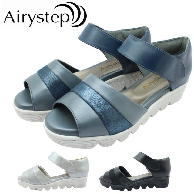 Airystep エアリーステップ レディース レザー サンダル 553 3E ウェッジソール オープントゥ 軽量 ベルクロ 本革