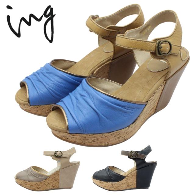 イング ing レディース サンダル 6853 厚底 ウェッジソール 9cmヒール 婦人靴 コルク柄 バックバンド 本革 2E 軽量