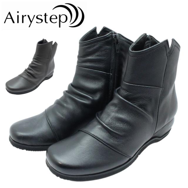 Airystep エアリーステップ レディース 1779 レザー ショートブーツ 3E 本革 ファスナー ぺたんこ
