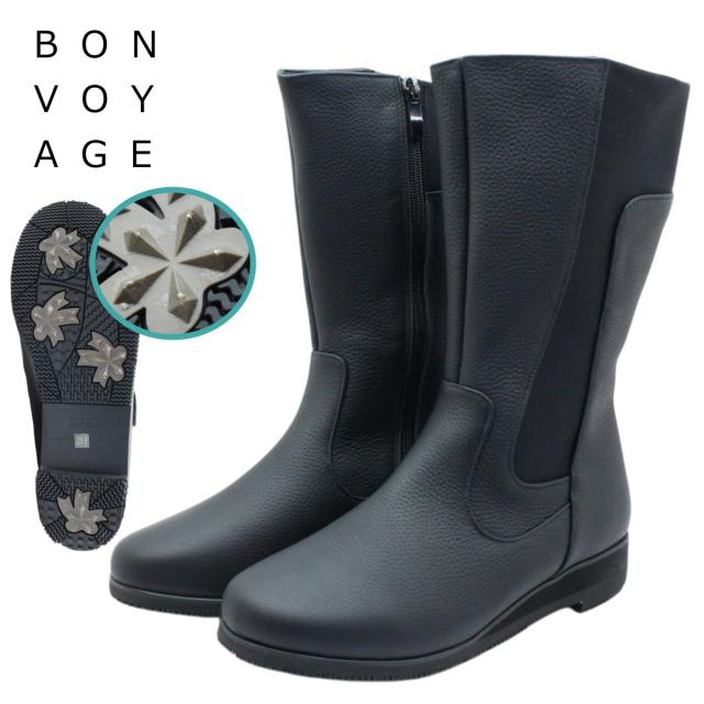 BONVOYAGE ボンヴォヤージュ  レディース スパイク レザーブーツ  HRSP-005 防滑 幅広4E 靴 ミドル丈 ファスナー スノーシューズ ボンボヤージュ 005