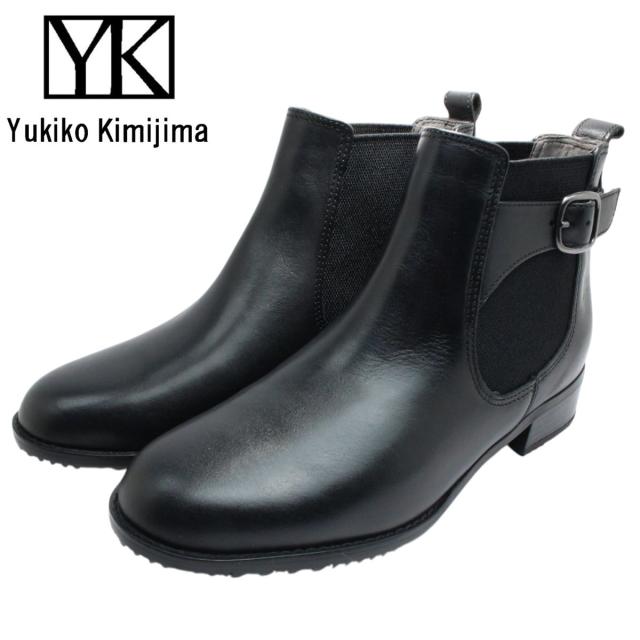 ユキコ キミジマ レディース レザー ショートブーツ 9224 サイドゴア  3E 防滑 本革  ベルト ブラック Yukiko Kimijima