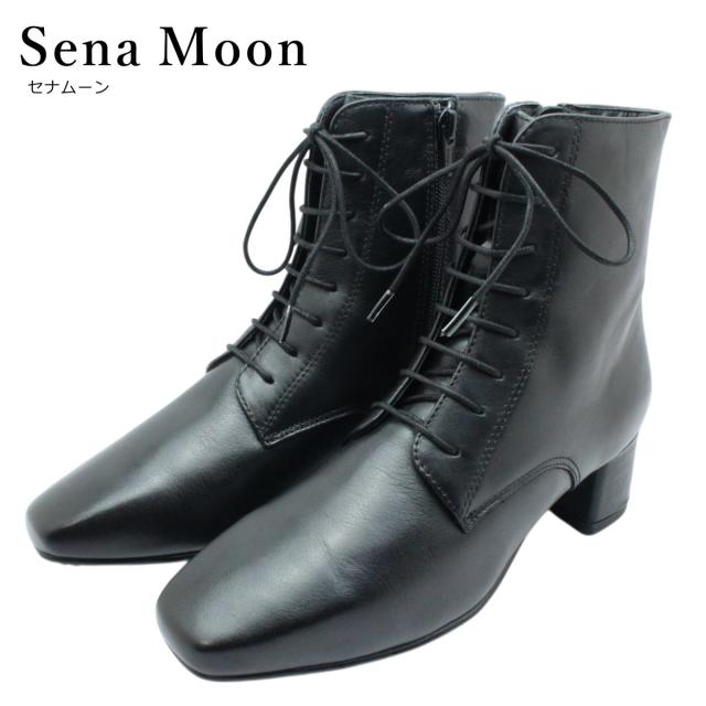 Sena Moon セナムーン レディース ショートブーツ ファスナー 5843 防滑 本革 レザー 紐 レースアップ 婦人靴 ブラック