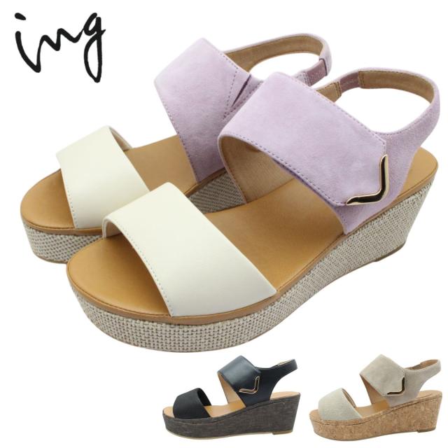 イング ing レディース 厚底 レザー サンダル IGST 54223 バックバンド 本革 ベルクロ 軽量 婦人靴 6cmヒール ウェッジソール