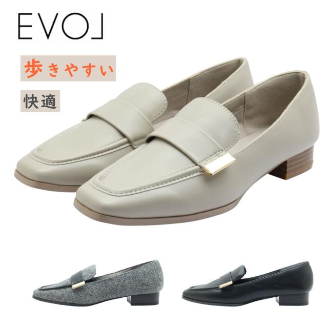 EVOL イーボル IZ 5852 レディース ローファー パンプス スクエア ローヒール 歩きやすい 柔らかい 軽量 靴