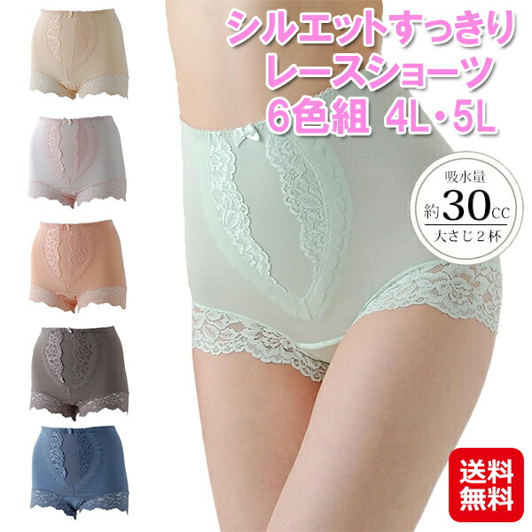 【シルエットすっきりレースショーツ6色組 4L・5L】【送料無料】 失禁パンツ 女性用 30cc 軽失禁 吸水ショーツ 尿漏れ レディース ぽっこりお腹 お腹引き締め ショーツ 下着 レース 大きいサイズ 綿95％ ゆったり 深め 深履き 消臭 渡嘉毛織 dap