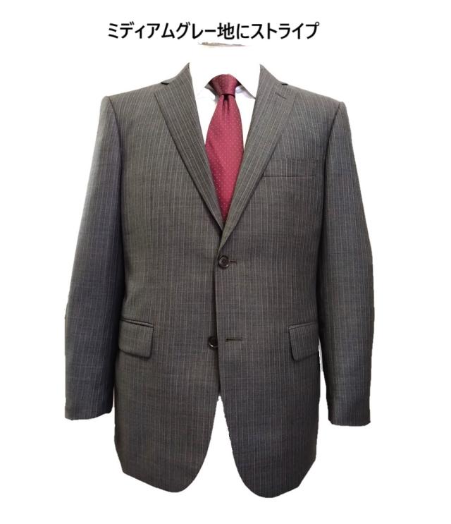 メンズ ビジネス クラシックスーツ やや細身のシルエット 秋冬 Ａ体 AB体  紳士服 2つボタン ノータック ミディアムグレー地にストライプ 14565 14574