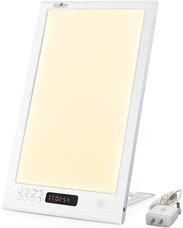 JUXLamp 高照度 12000lux 40 レベルの調光 フルスペクトル LED ランプ 目の保護 バイオニックサン ランプ 体内時計 がリセット 寝坊 光 目覚まし時計 自然音付き 折りたたみ式収納 壁掛け穴あり