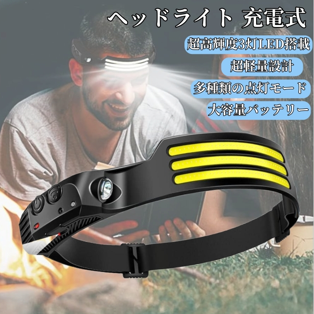 ヘッドライト 充電式 3灯LED搭載 LEDライト モーションセンサー付き 屋外 アウトドア USB 懐中電灯 小型 防災 災害 グッズ 小型