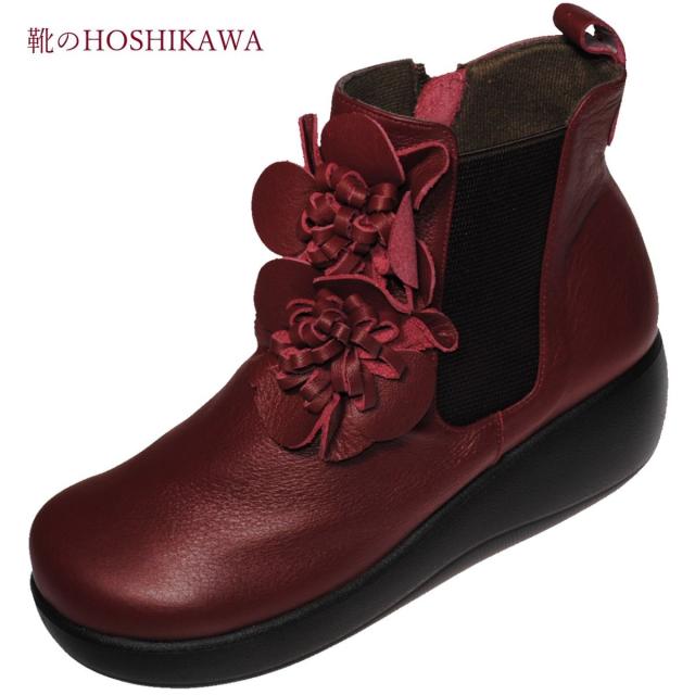 【靴のHOSHIKAWA】  『SPORTS NINE 1421』 スポーツナイン ショートブーツ 21.5cm〜24.5cm EEE レッド レディース ショート丈 厚底 ブーツ 本革 国産 秋冬