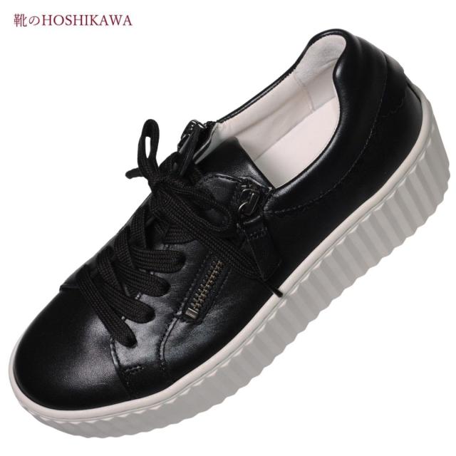 【靴のHOSHIKAWA】  『Gabor 93200』 ガボール レザースニーカー 22cm〜25.5cm 幅広 ブラック レースアップ 両側ファスナー コンフォート 本革 スロバキア製