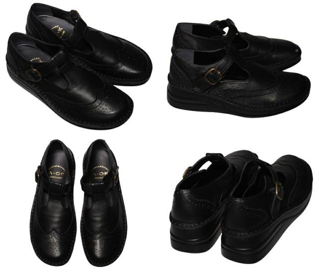 【靴のHOSHIKAWA】  『A-OK INCHOLJE 7068』 エーオーケー レザーシューズ 22cm〜24.5cm レディース スリッポン ブラック ストラップ 厚底 レースアップ 牛革