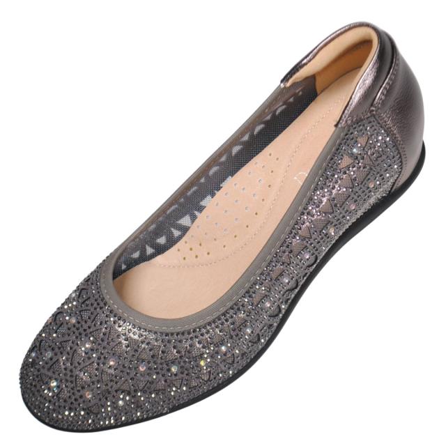 【靴のHOSHIKAWA】  『Dona Miss 129-9』 22cm〜24.5cm レディース ドナミス パンプス ガンメタ ラインストーン ウェッジソール インヒール チュールレース 涼しい 本革 軽い 春夏