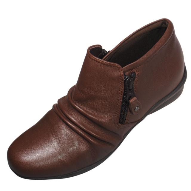 【靴のHOSHIKAWA】  『A-OK 3650』 エーオーケー ブーティー 22.5cm〜24.5cm レディース Lブラウン ショート丈 ブーツ 両側ファスナー 牛革 幅広 秋冬