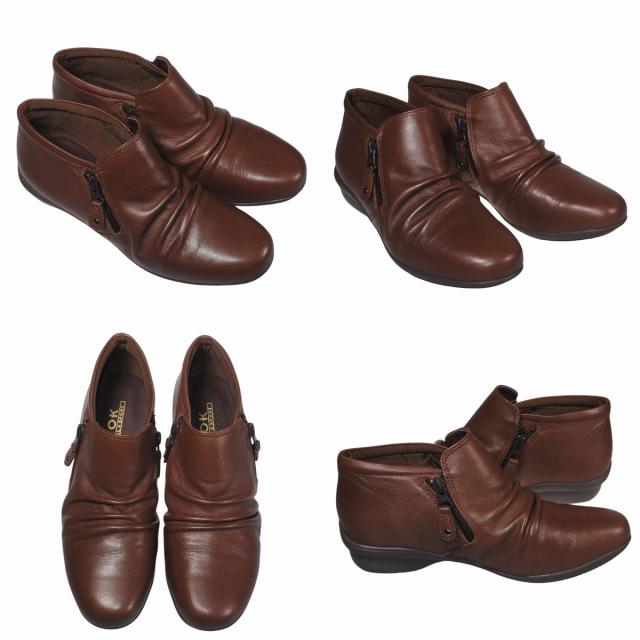 【靴のHOSHIKAWA】  『A-OK 3650』 エーオーケー ブーティー 22.5cm〜24.5cm レディース Lブラウン ショート丈 ブーツ 両側ファスナー 牛革 幅広 秋冬