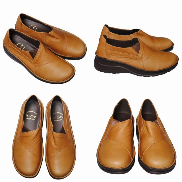 【靴のHOSHIKAWA】  『A-OK 6001』 エーオーケー スリッポン 22cm〜24.5cm レディース ブラック サイドゴア 低反発クッション 牛革 厚底 日本製