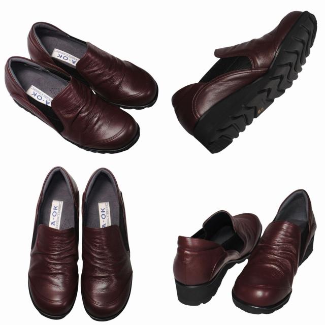 【靴のHOSHIKAWA】  『A-OK 6218』 エーオーケー スリッポン 22cm〜24.5cm レディース ブラック サイドゴア ブーティー シボ加工 牛革 幅広 日本製 秋冬