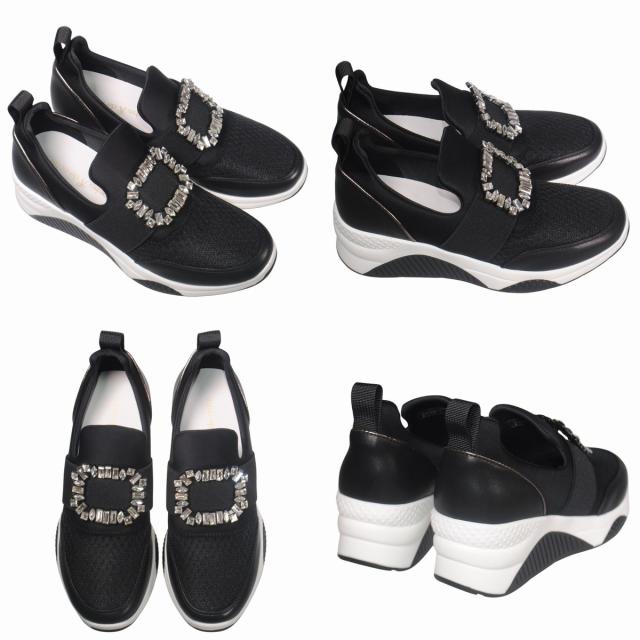 【靴のHOSHIKAWA】  『de ocho A de ocho 7839-2』 デオーチョアデオーチョ 厚底スニーカー 22cm〜24.5cm レディース ブラック メッシュ ストレッチ 厚底 春夏 本革