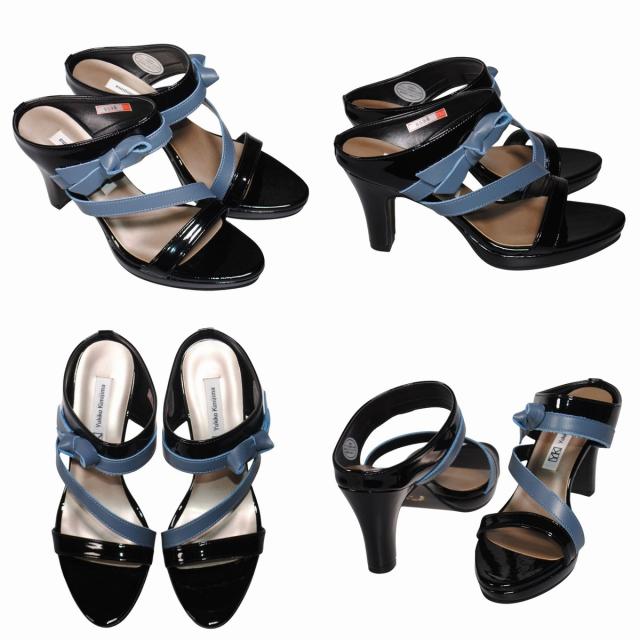 【靴のHOSHIKAWA】  『Yukiko Kimijima 8594』 キミジマユキコ ミュール 22cm〜24.5cm EEE ブラック レディース  サンダル ヒール 前開き エナメル 日本製 牛革 春夏