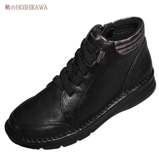 【靴のHOSHIKAWA】  『A-OK 3878』 エーオーケー ショートブーツ 22.5cm〜24.5cm EEEE レディース ブラック 内側ファスナー レース 牛革 防寒 防滑 秋冬