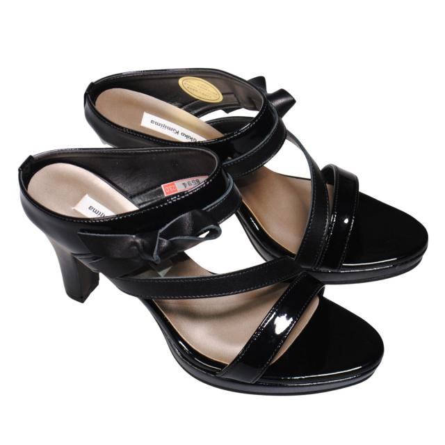 【靴のHOSHIKAWA】  『Yukiko Kimijima 8594』 キミジマユキコ ミュール 22cm〜24.5cm EEE ブラック レディース  サンダル ヒール 前開き エナメル 日本製 牛革 春夏