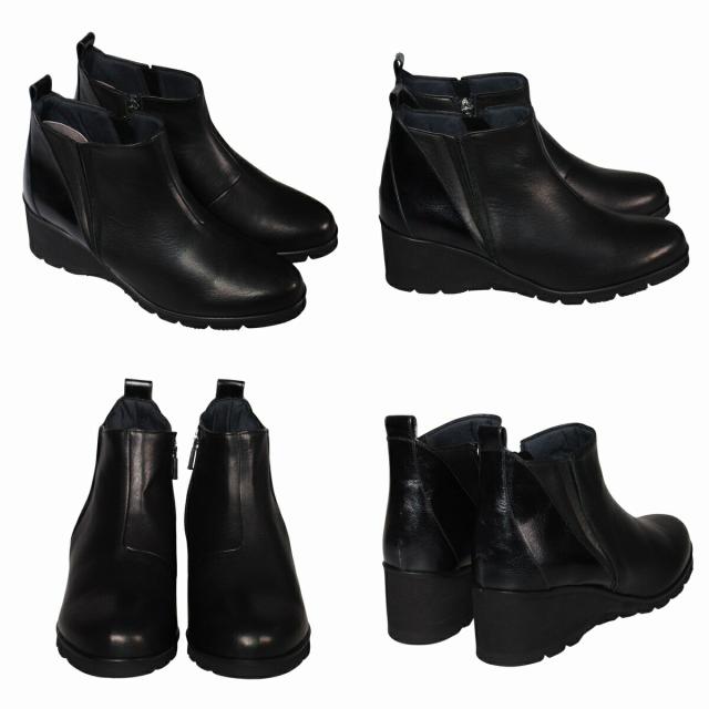 【靴のHOSHIKAWA】  『SPORTS NINE 4525』 スポーツナイン ショートブーツ 22cm〜24.5cm EEE ブラック レディース ウェッジソール ショート丈 スムース革 本革 幅広 国産 防滑