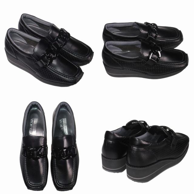 【靴のHOSHIKAWA】  『VITA NOVA 6975』 ヴィタノバ スリッポン 21.5cm〜24.5cm EEE レザーシューズ レディース プラチナ ローファー ウェッジソール チェーン スクエアトゥ 牛革 厚底