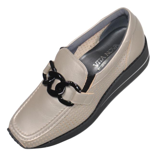 【靴のHOSHIKAWA】  『VITA NOVA 6975』 ヴィタノバ スリッポン 21.5cm〜24.5cm EEE レザーシューズ レディース プラチナ ローファー ウェッジソール チェーン スクエアトゥ 牛革 厚底