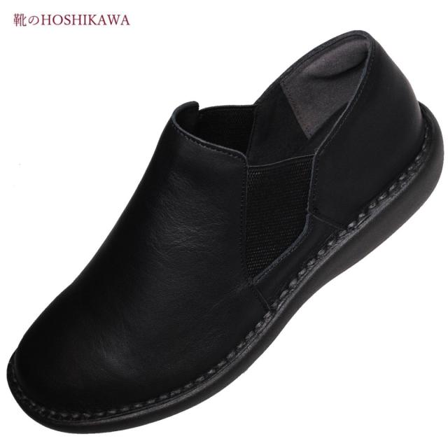 【靴のHOSHIKAWA】  『A-OK 19604』 エーオーケー スリッポン 22cm〜24.5cm EEEE ブラック カジュアル レディース ローヒール サイドゴア 牛革 幅広 国産
