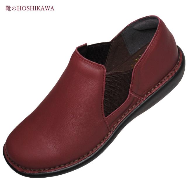 【靴のHOSHIKAWA】  『A-OK 19604』 エーオーケー スリッポン 22cm〜24.5cm EEEE ワイン カジュアル レディース ローヒール サイドゴア 牛革 幅広 国産