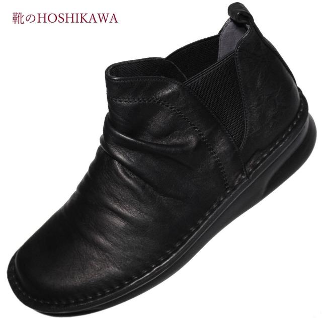 【靴のHOSHIKAWA】  『A-OK 8522』 エーオーケー ブラック 22cm〜25cm EEEE ブーティー レディース サイドゴア 厚底 ショート丈 牛革 くしゅくしゅ 秋冬