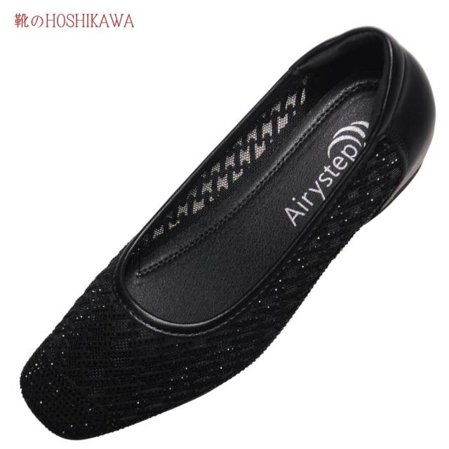 【靴のHOSHIKAWA】  『Airystep 2388』 エアリーステップ パンプス 22.5cm〜24.5cm レディース インヒール カジュアル ブラック チュールレース 天然皮革 春夏
