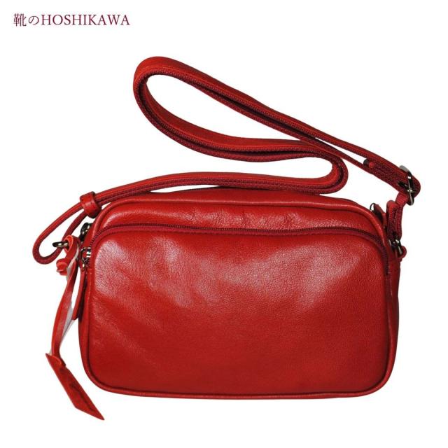 【靴のHOSHIKAWA】  『first factory 308』 ショルダーバッグ  レディース ファスナー開閉 小さめ レッド カジュアル 収納4つ 山羊革