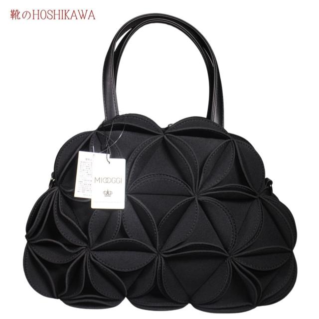 【靴のHOSHIKAWA】  『MIOOGGI 2WAYトート 343』 立体フラワートートバッグ レディース ブラック ファスナー A4収納可能 肩掛け 合成繊維