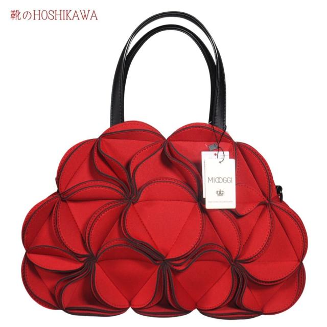 【靴のHOSHIKAWA】  『MIOOGGI 2WAYトート 343』 立体フラワートートバッグ レディース レッド ファスナー A4収納可能 肩掛け 合成繊維
