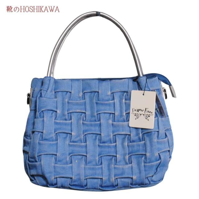 【靴のHOSHIKAWA】  『デニムトートバッグ 395』 プリムフィオーレ 手さげバッグ 軽い レディース ブルー ファスナー開閉 2way 編み込み風 ショルダー 合成皮革
