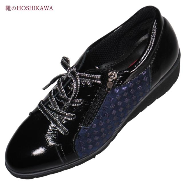 【靴のHOSHIKAWA】  『SALON DE GRES SL123』 サロンドグレー レースアップ コンフォートシューズ 22cm〜25cm EEEE ネイビープリント エナメル ウェッジソール 国産 秋冬