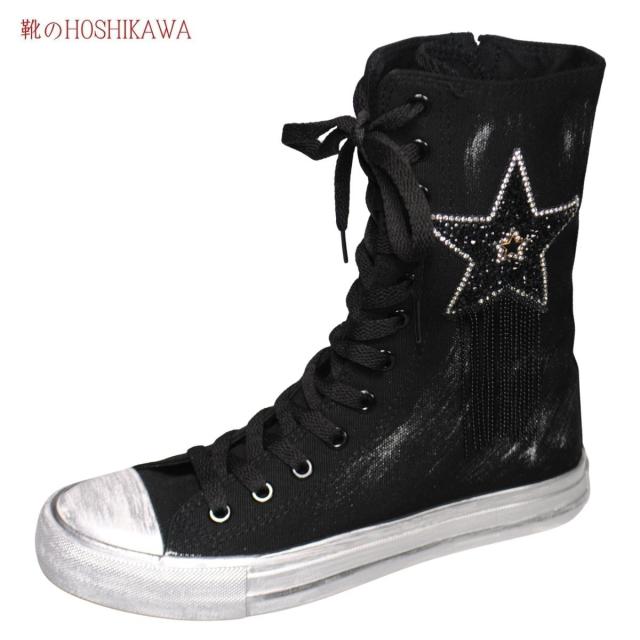 【靴のHOSHIKAWA】  『de ocho A de ocho 069』 デオチョアデオチョ レースアップブーツ 22.5cm〜24.5cm レディース ブラックスニーカー ショートブーツ 内側ファスナー ハイカット 秋冬