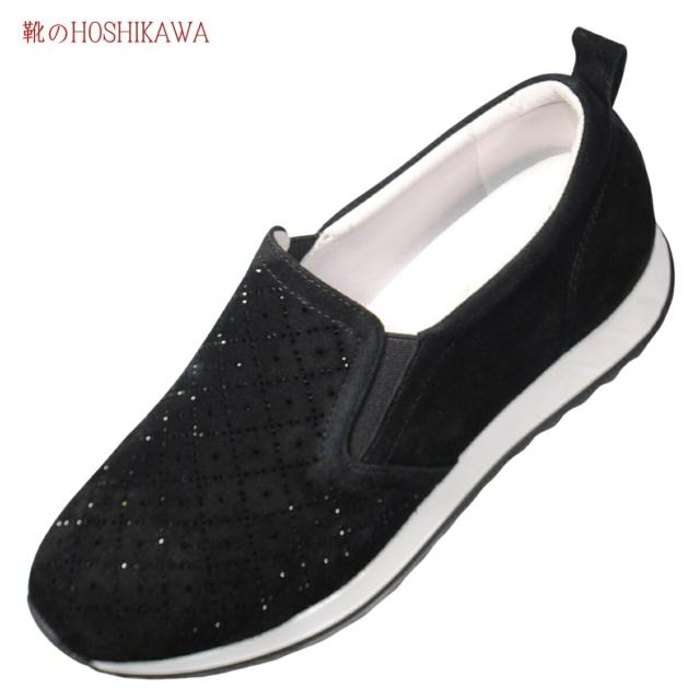 【靴のHOSHIKAWA】  『de ocho A de ocho 162-18837』 デオチョアデオチョ スリッポン 22cm〜25.5cm レディース ブラック レザースニーカー ラインストーン スウェード 厚底 本革