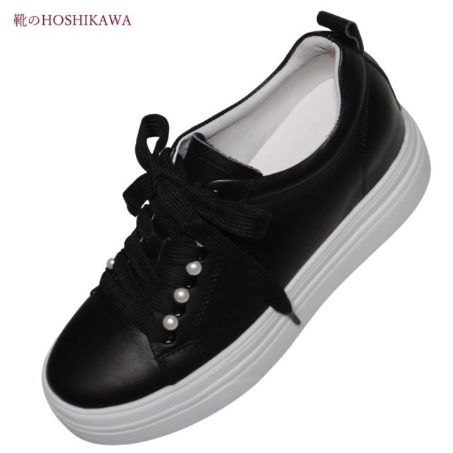 【靴のHOSHIKAWA】  『de ocho A de ocho 6873-51』 デオチョアデオチョ ブラック レザースニーカー 22cm〜25cm レディース レースアップ ローカット 天然皮革 厚底