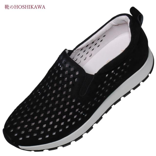 【靴のHOSHIKAWA】  『de ocho A de ocho A162-19』 デオチョアデオチョ スリッポン 22cm〜25cm レディース ブラック レザースニーカー ラインストーン 厚底 本革