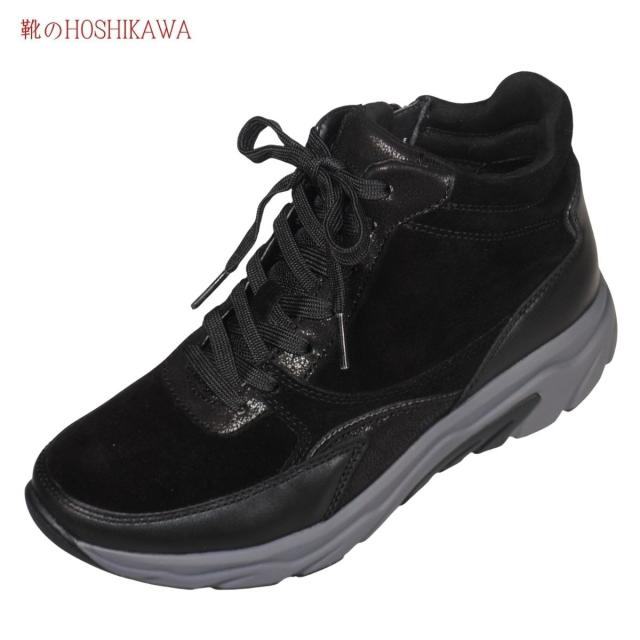 【靴のHOSHIKAWA】  『Gabor 76836-37』 ガボール ローリングソフト レザースニーカーハイカット  22cm〜26cm 幅広 ブラック レディース ファスナー レースアップ 天然皮革 秋冬