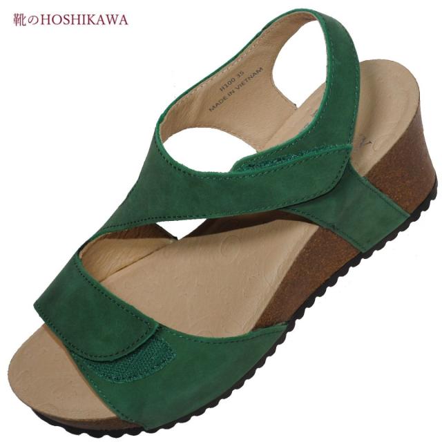 【靴のHOSHIKAWA】  『PENNY LEATHER H100』 ウェッジソール サンダル 22.5cm〜24.5cm マジックテープ グリーン レディース 本革 スウェード