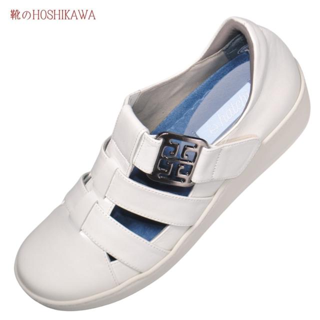 【靴のHOSHIKAWA】  『hatchi 2580』 ハッチ レザースニーカー 21.5cm〜24.5cm EEEE サンダルシューズ ベルクロ レディース シロパール 本革 国産 春夏