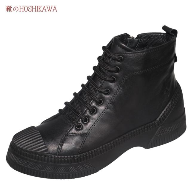 【靴のHOSHIKAWA】  『Monet 1022409』 MONET ショートブーツ 23cm〜25cm レディース ブラック レースアップ ハイカット サイドファスナー スニーカー スムース革 本革 厚底 秋冬