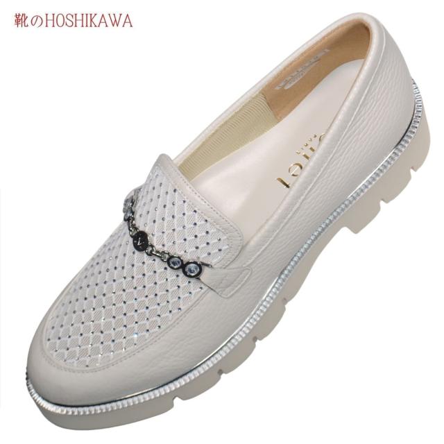 【靴のHOSHIKAWA】  『MONET 211520』 モネ ビットローファー 21.5cm〜24.5cm EEE トラックソール レディース シロ ラインストーン 通気性 国産 本革 春夏
