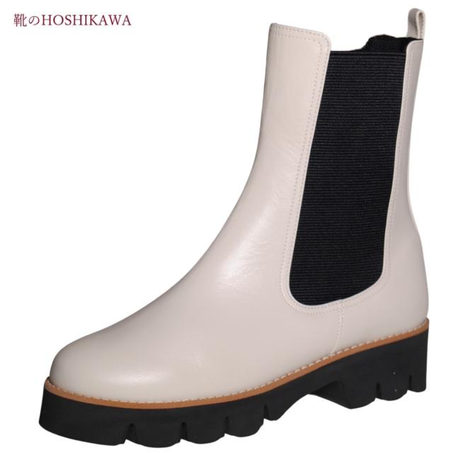 【靴のHOSHIKAWA】  『MONET 214303』 モネ ショートブーツ 21.5cm〜24.5cm EEE ホワイト レディース サイドファスナー スムース革 本革 厚底 国産