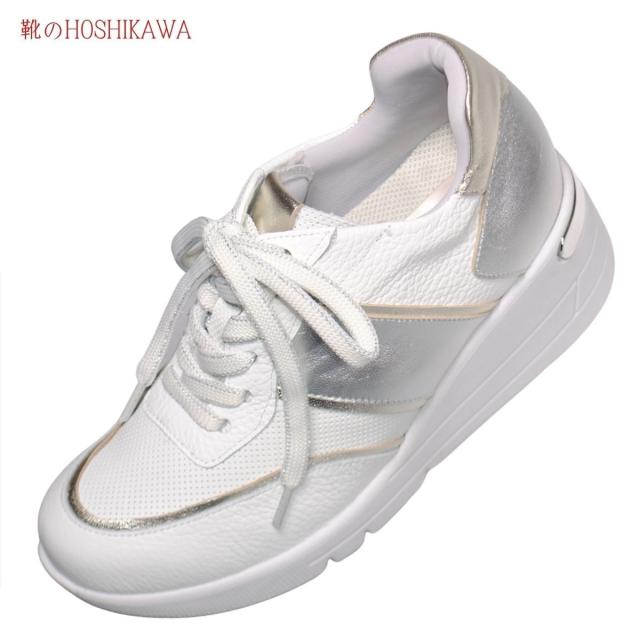 【靴のHOSHIKAWA】  『Monet 241532』 モネ レザースニーカー 21.5cm〜25cm EEEE ウェッジソール レースアップ カジュアル ホワイトC 牛革 日本製 春夏