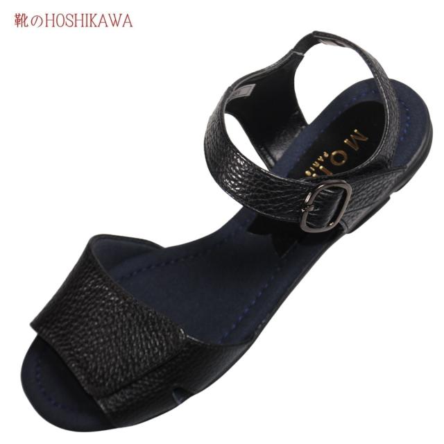 【靴のHOSHIKAWA】  『Monet 881551』 カジュアルモネ サンダル 21.5cm〜24.5cm EEE レディース ブラック ストラップ オープントゥ フラット底 軽量 日本製 本革 春夏