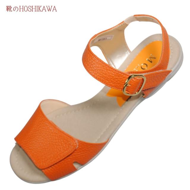 【靴のHOSHIKAWA】  『Monet 881551』 カジュアルモネ サンダル 21.5cm〜24.5cm EEE レディース オレンジ ストラップ オープントゥ フラット底 軽量 日本製 本革 春夏