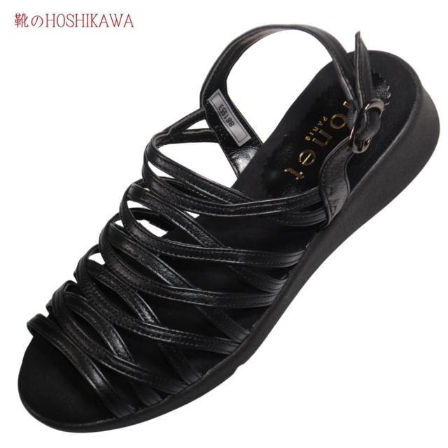 【靴のHOSHIKAWA】  『Monet 881553』 カジュアルモネ サンダル 21.5cm〜24.5cm EEEE レディース ブラック ストラップ 編込み フラット底 軽量 日本製 本革 春夏